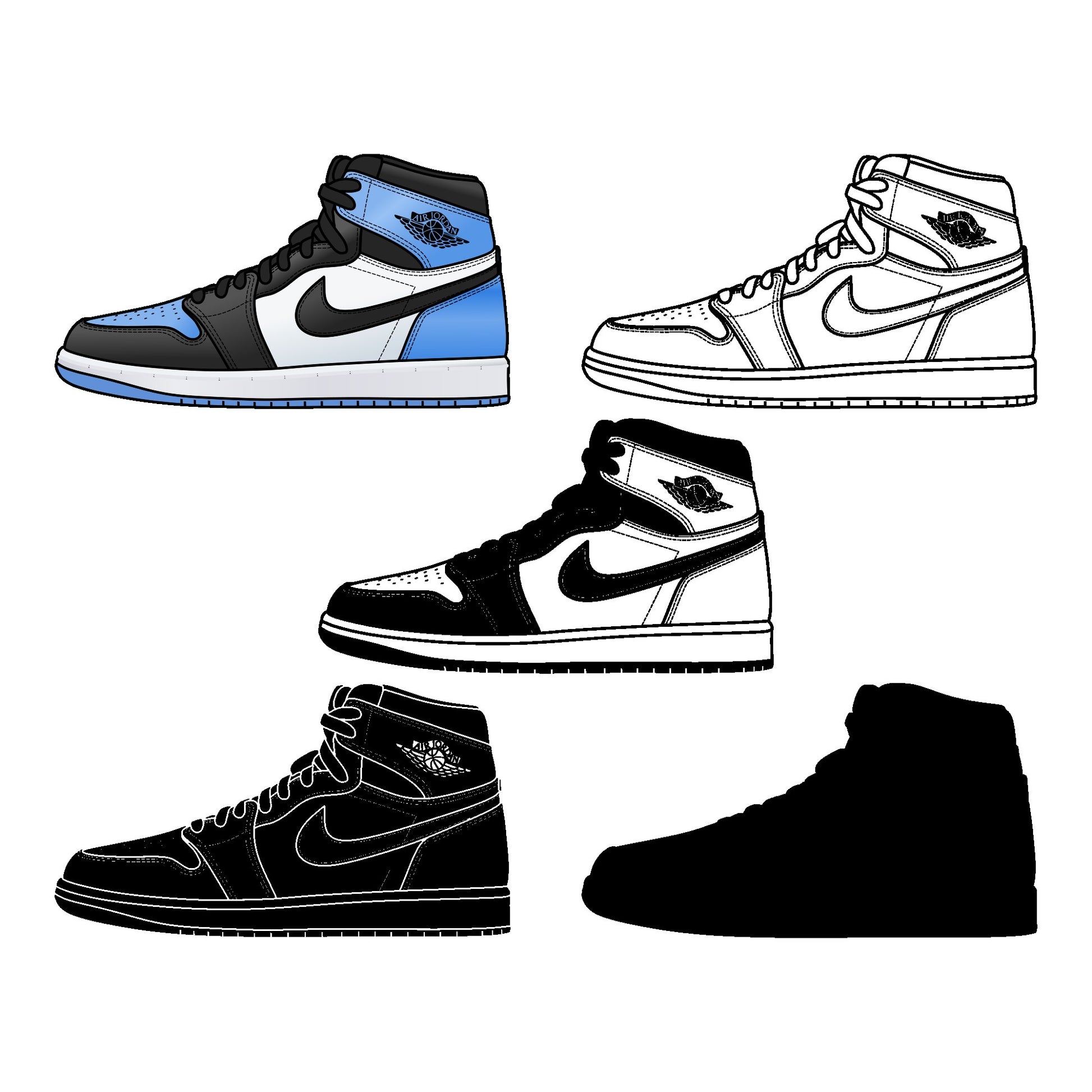 Air Jordan 1 High UNC Toe Sneakers SVG. 4 variations (color, silhouett ...