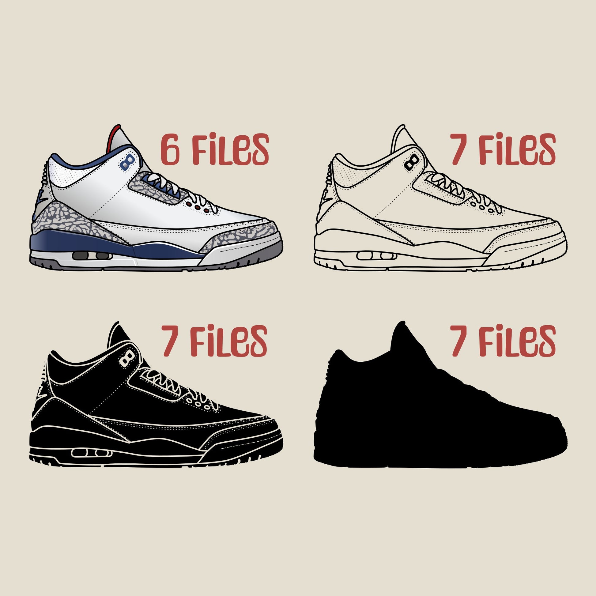 Air Jordan 3 True Blue Sneakers SVG. 4 variations (color, silhouette ...